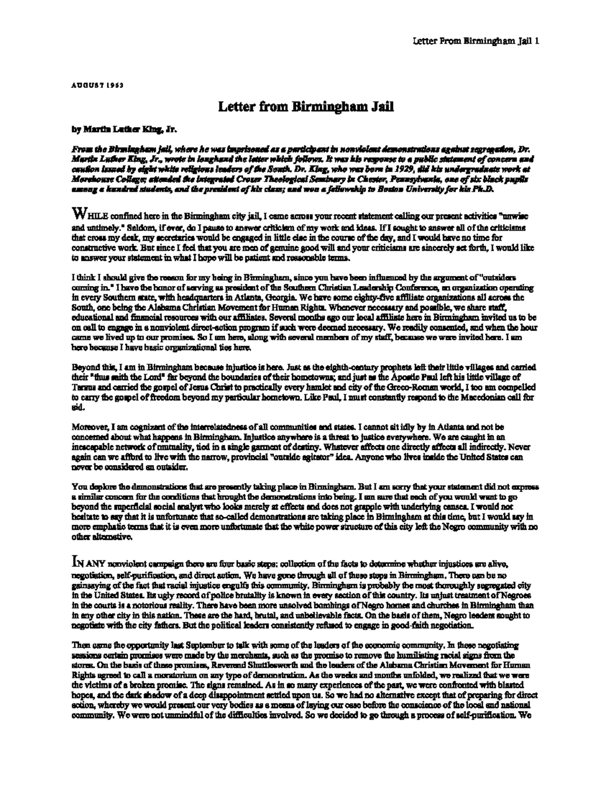 Letter from Birmingham Jail - From the Birmingham jail, where he was ...