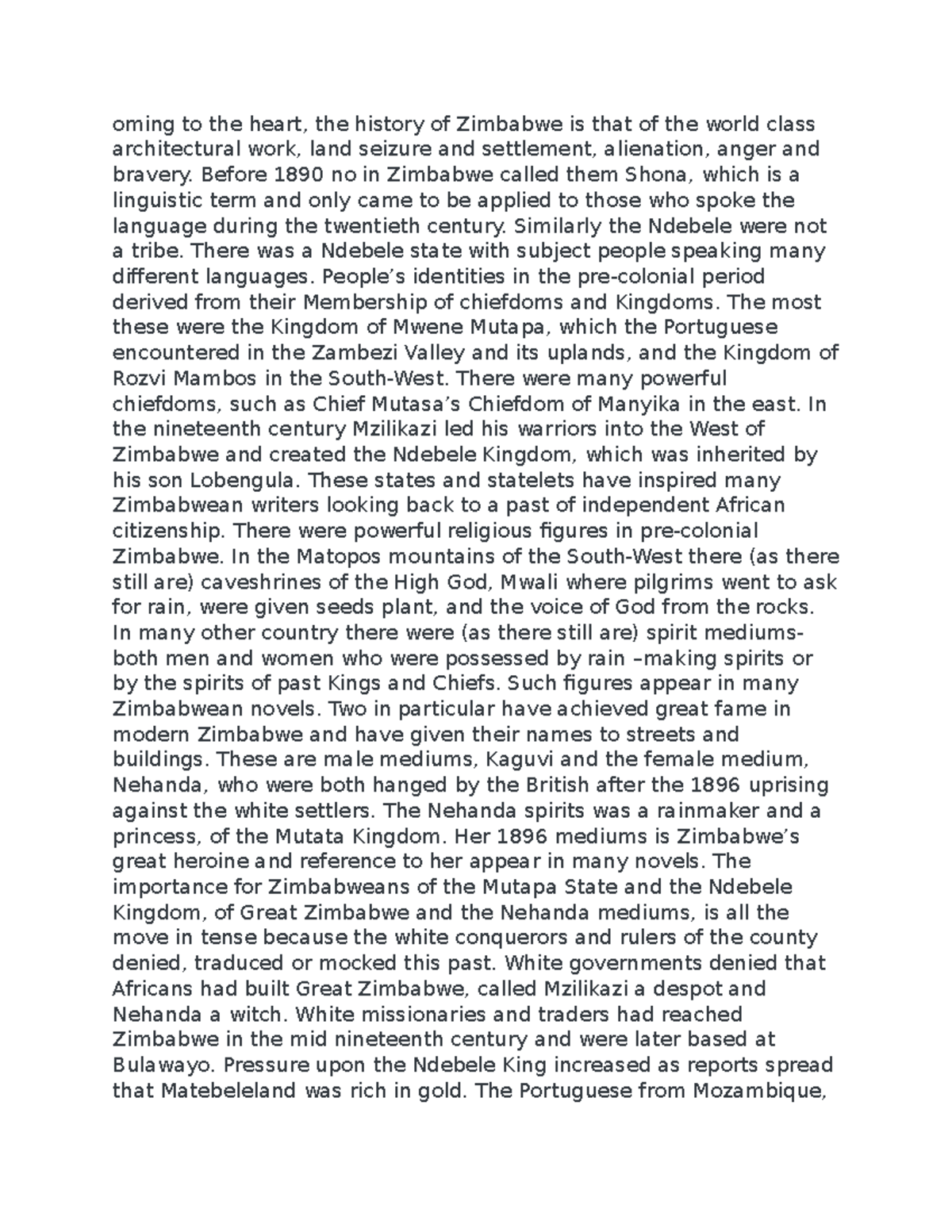 158 - history notes - oming to the heart, the history of Zimbabwe is ...