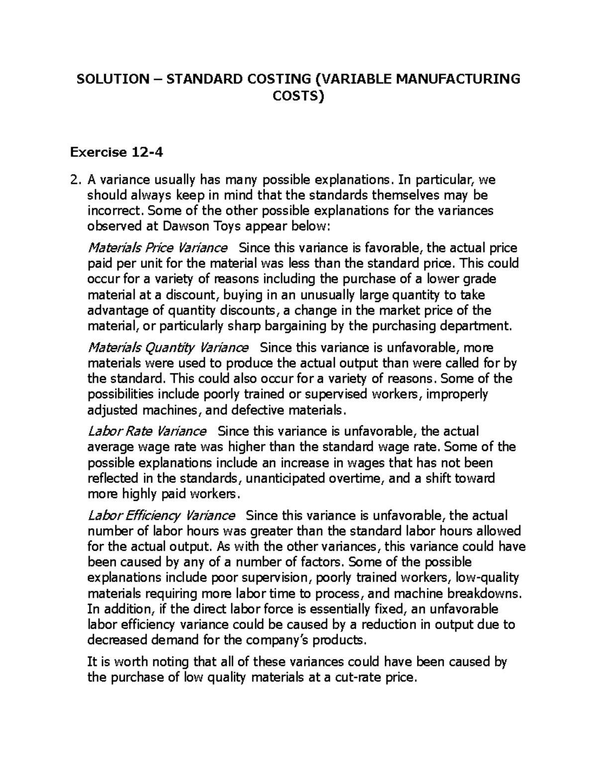 Standard costing-solution to some exercises in the text book - SOLUTION – STANDARD COSTING ...