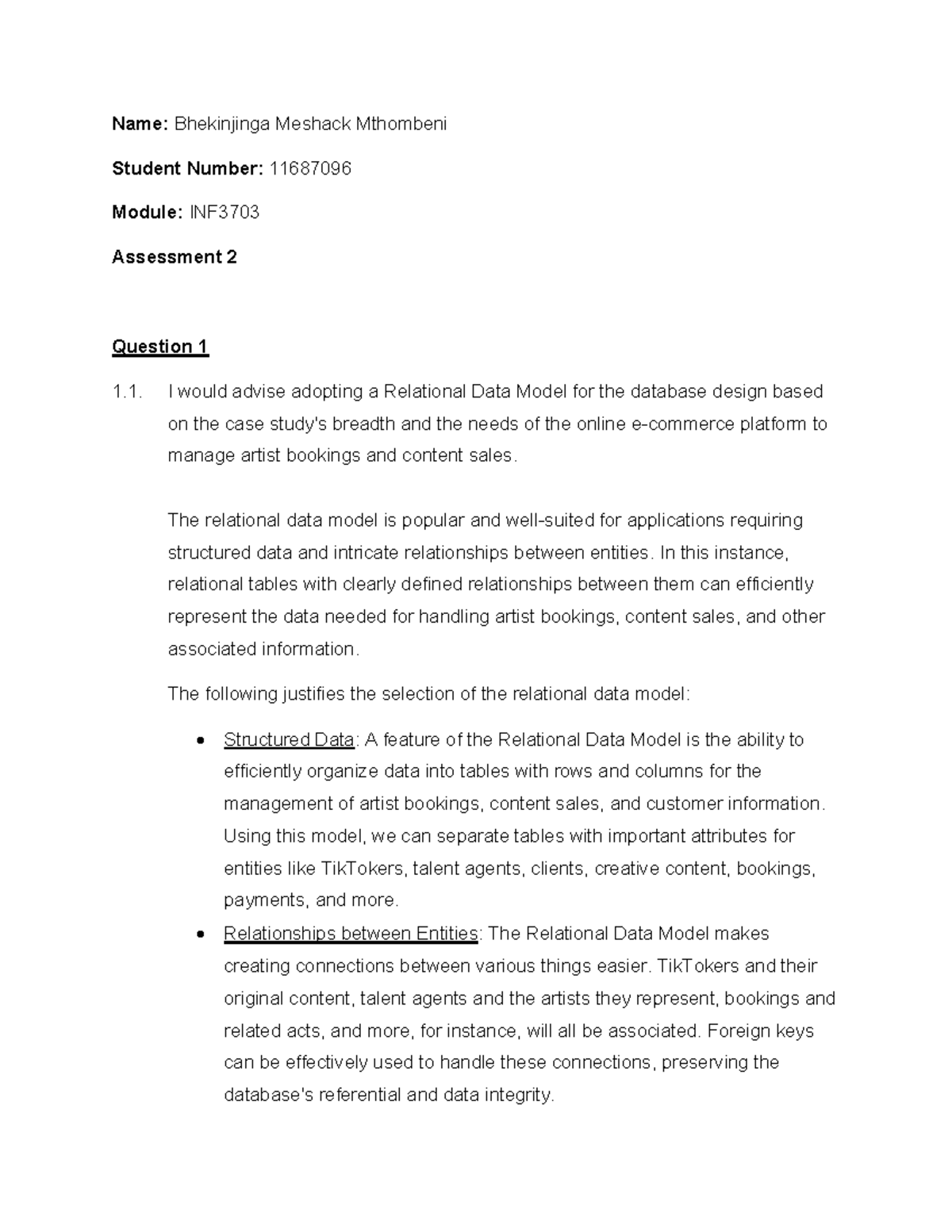 INF3703 Assessment 2 - Name: Bhekinjinga Meshack Mthombeni Student Number: 11687096 Module: INF ...