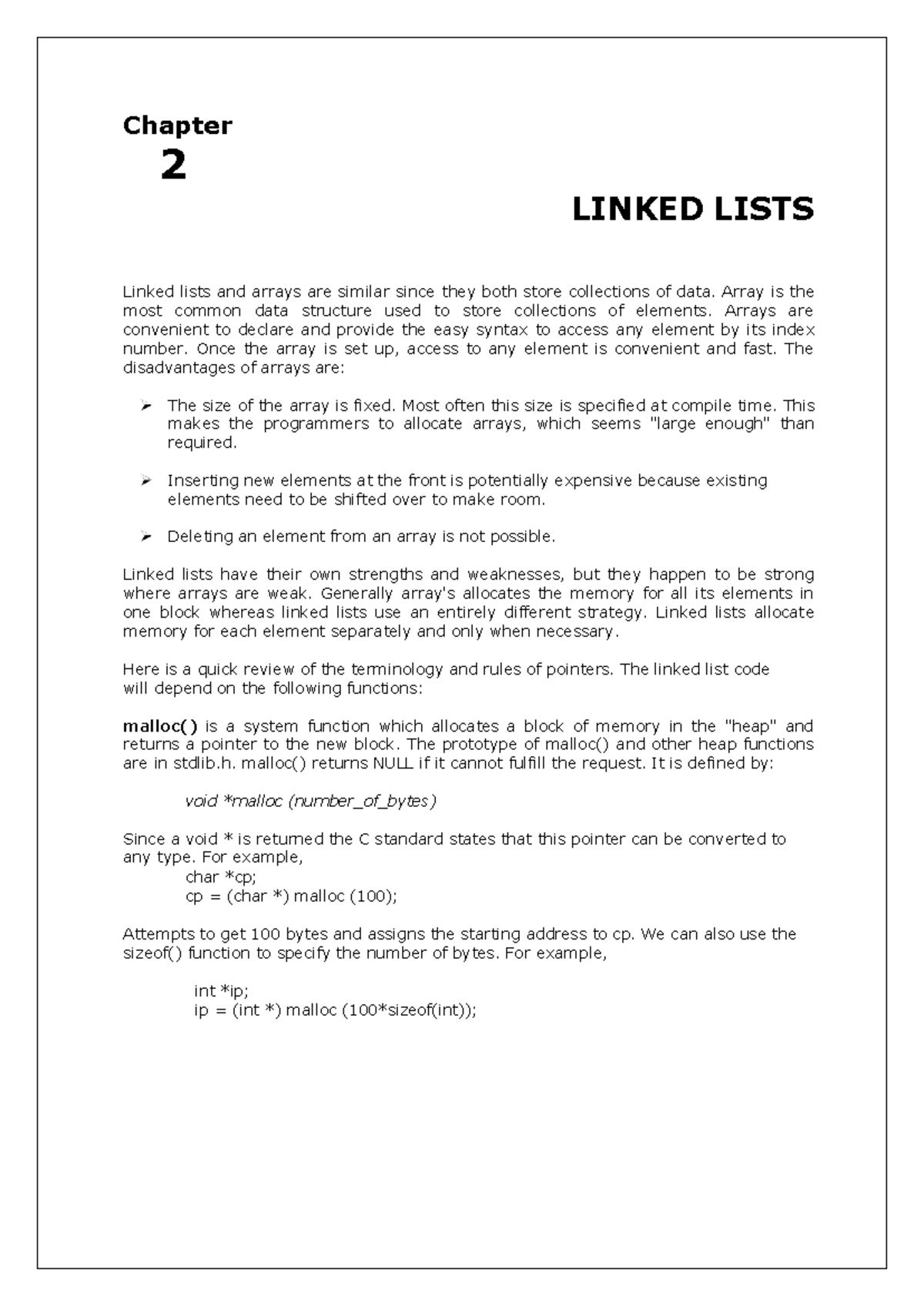 Linked list - short - Chapter 2 LINKED LISTS Linked lists and arrays are similar since they both ...