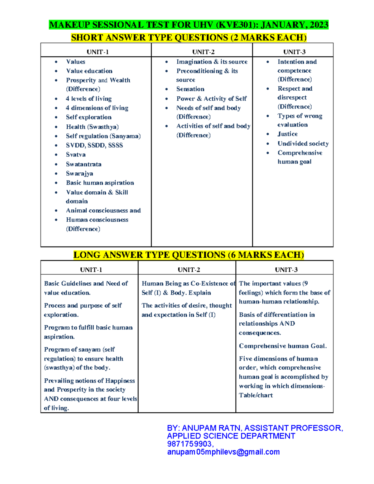 Human value most imp question - MAKEUP SESSIONAL TEST FOR UHV (KVE301 ...