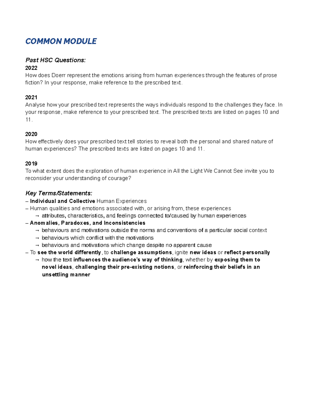 All The Light We Cannot See Notes and Essay - COMMON MODULE Past HSC ...