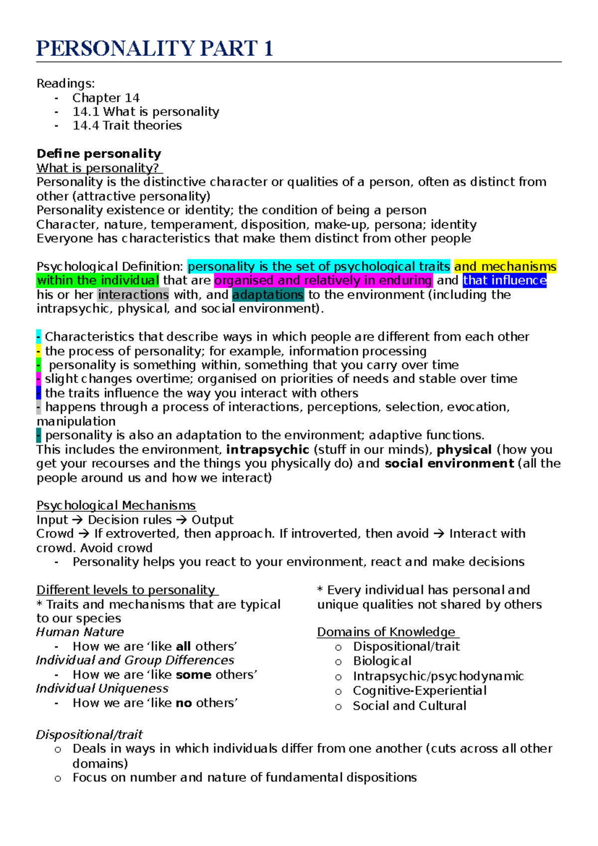 Personality Part 1 and 2 Notes - Readings: Chapter 14 14 What is ...