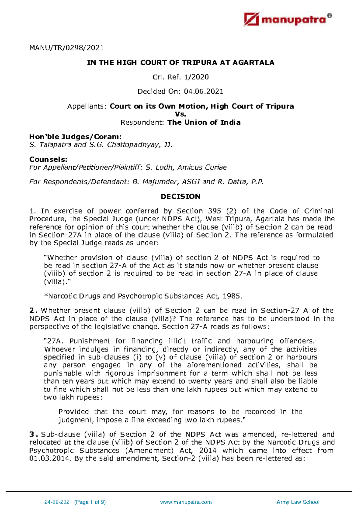 Court on its Own Motion High Court of Tripura vs TTR2021090621192048348 COM913411 - Studocu