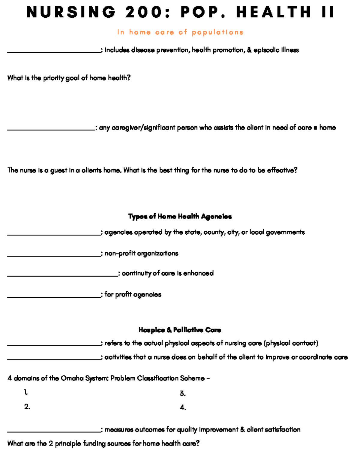 In Home Care Worksheet - Practice - N U R S I N G 2 0 0 : P O P. H E A ...