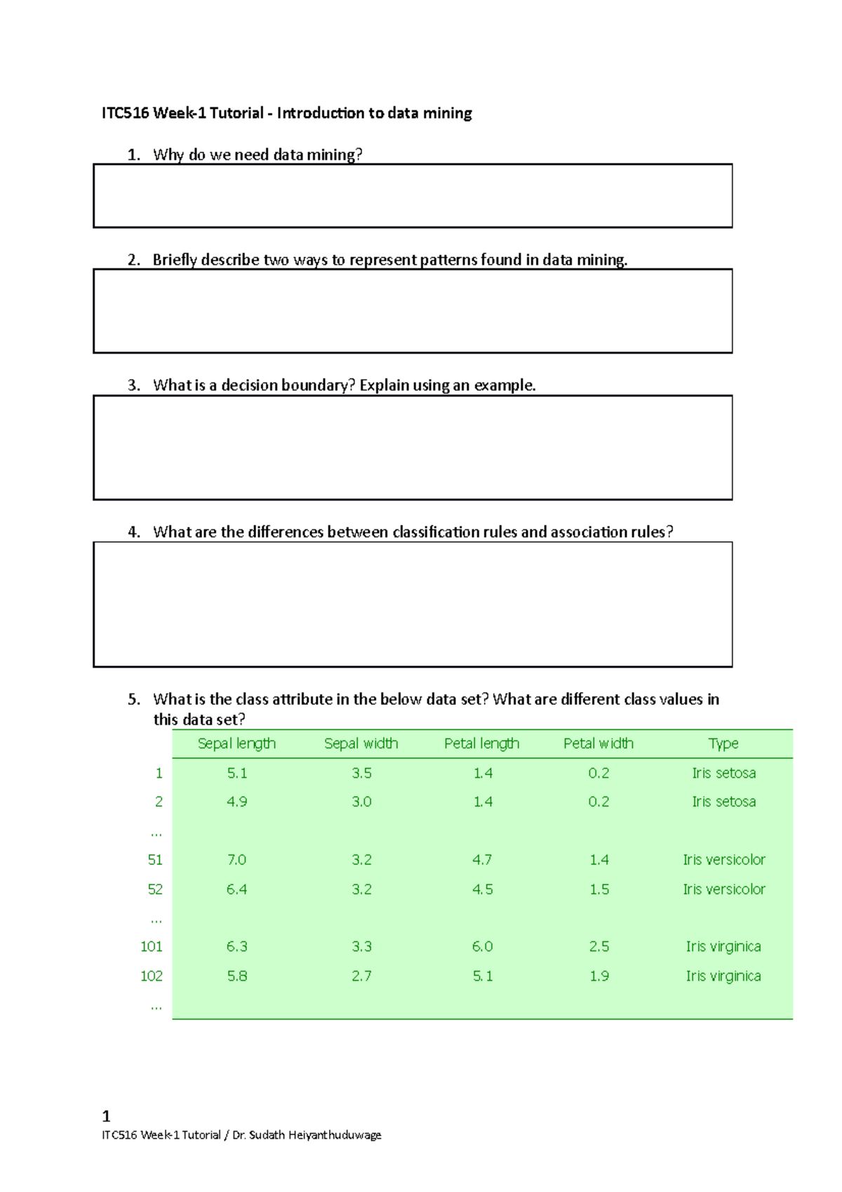 ITC516 Week-1 Tutorial - Why do we need data mining? 2. Briefly describe two ways to represent ...