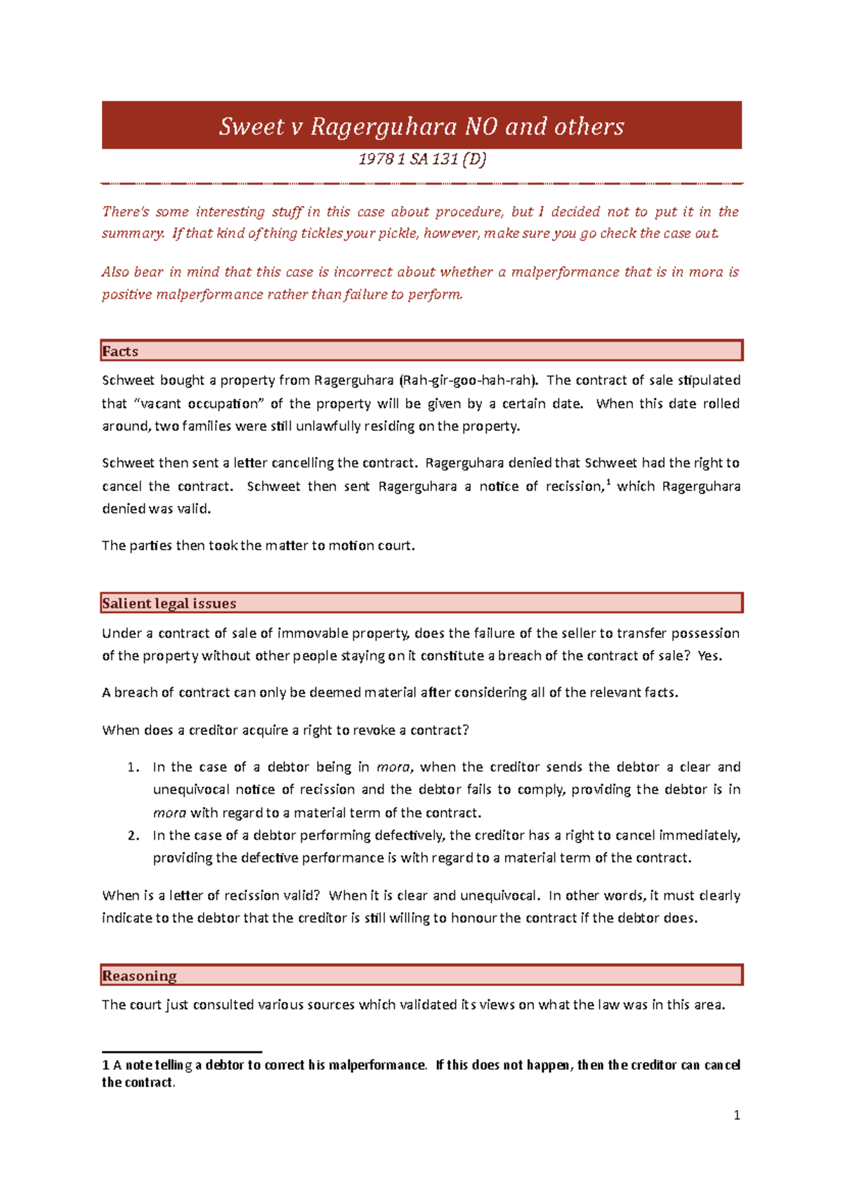 # Sweet v Ragerguhara 1978 1 SA 131 (D) - Sweet v Ragerguhara NO and ...