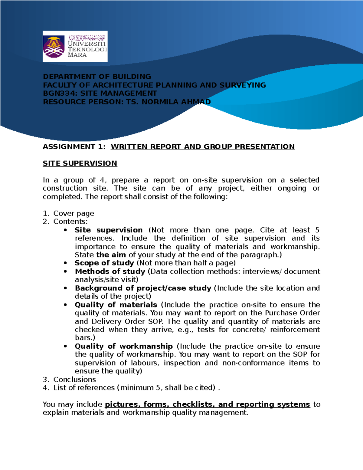 Assignment 1 Site supervision - DEPARTMENT OF BUILDING FACULTY OF ...