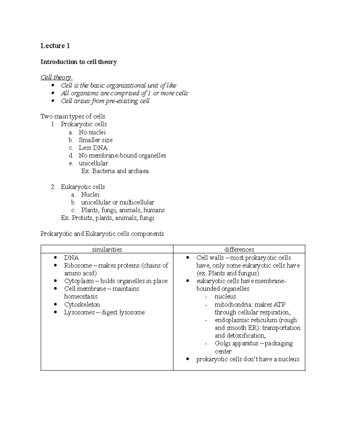 Bio130 midterm notes - Lecture 1 Introduction to cell theory Cell ...