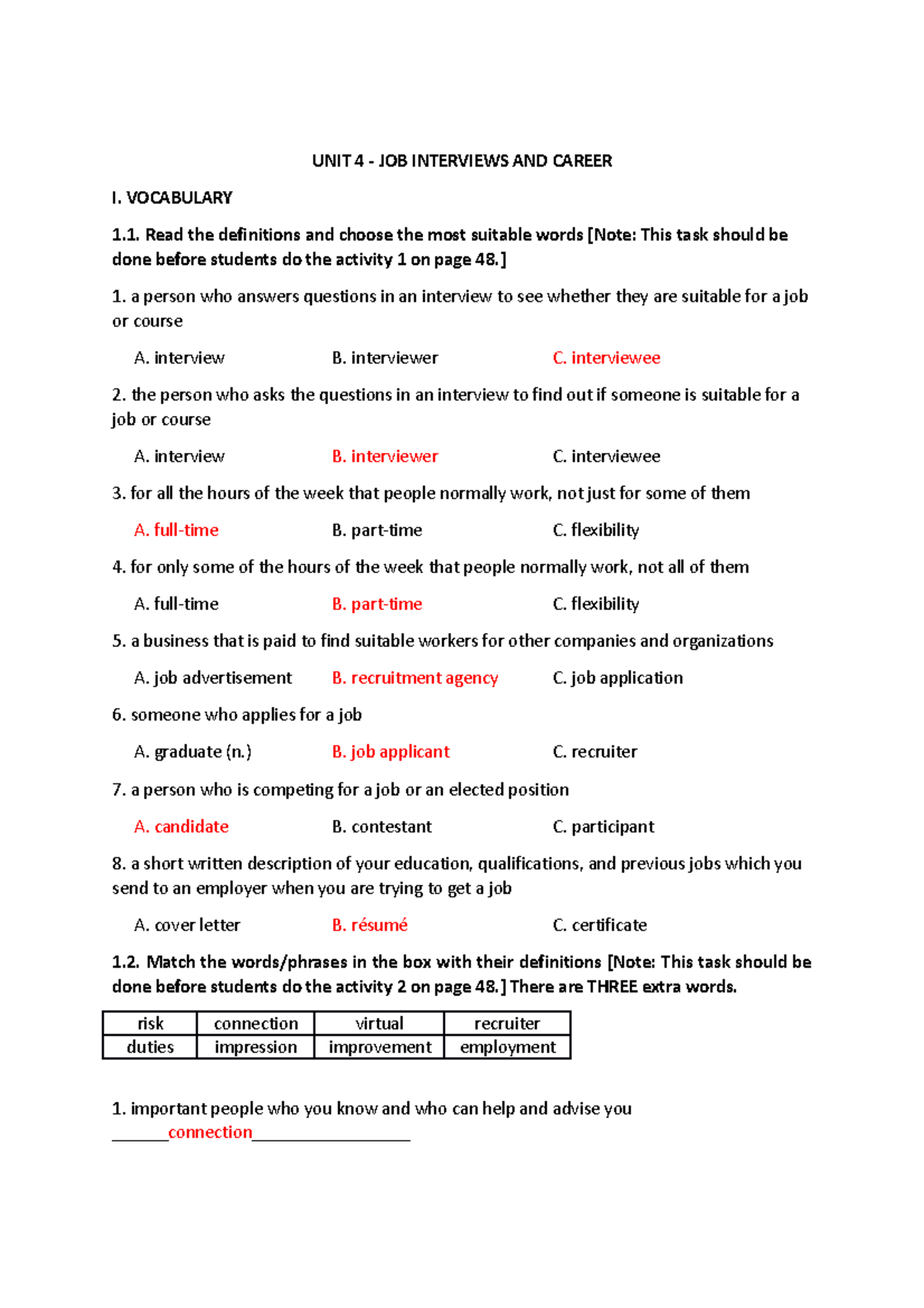 Revision for Final Test unit 4 KEY - UNIT 4 - JOB INTERVIEWS AND CAREER ...
