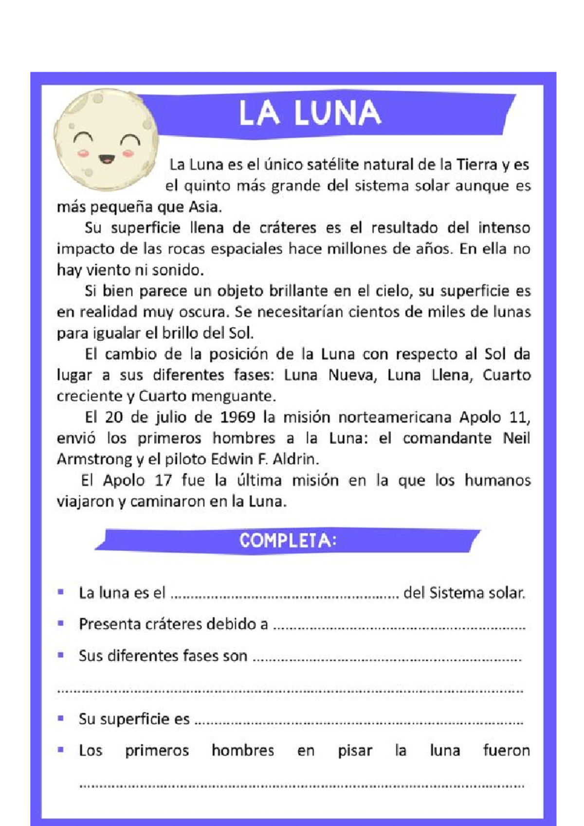 Actividades Varias Lenguaje y Mate 2 - LA LUNA La Luna es el único ...