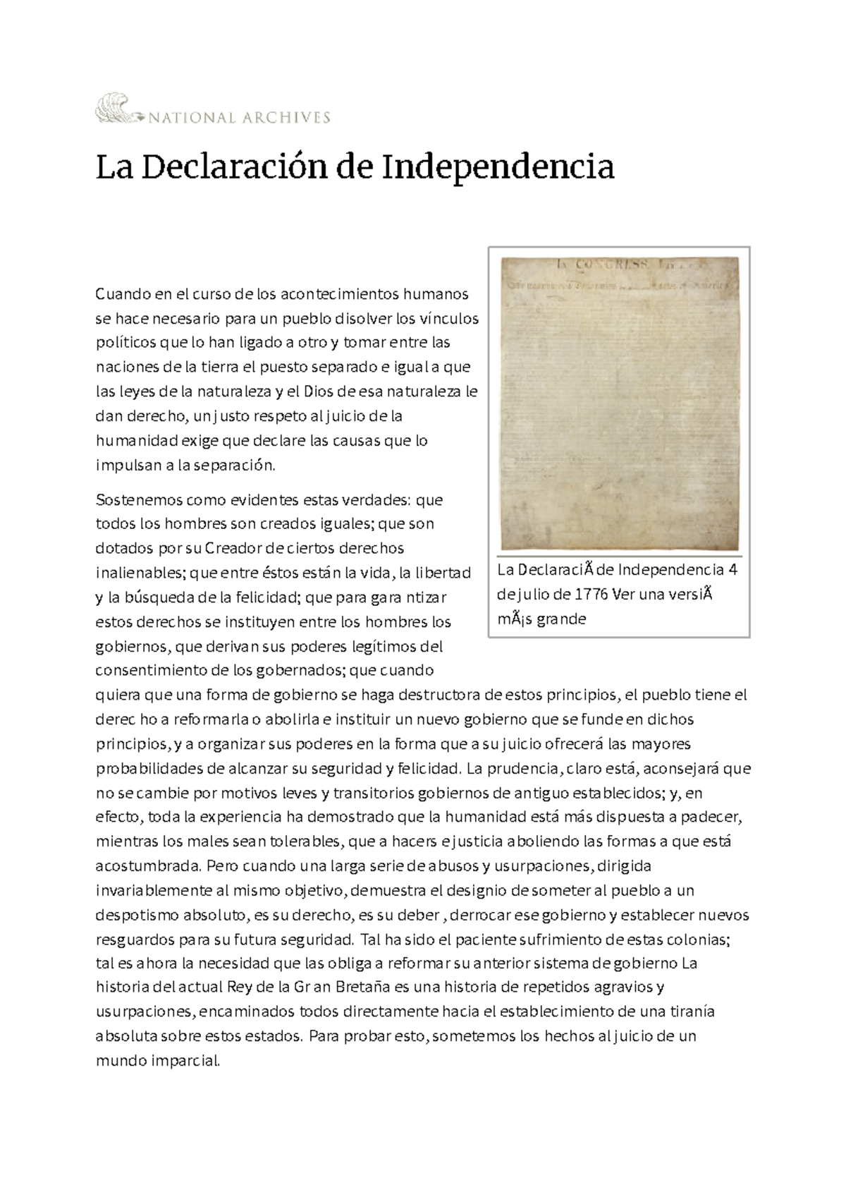 La Declaración de Independencia National Archives - La DeclaraciÃ de ...