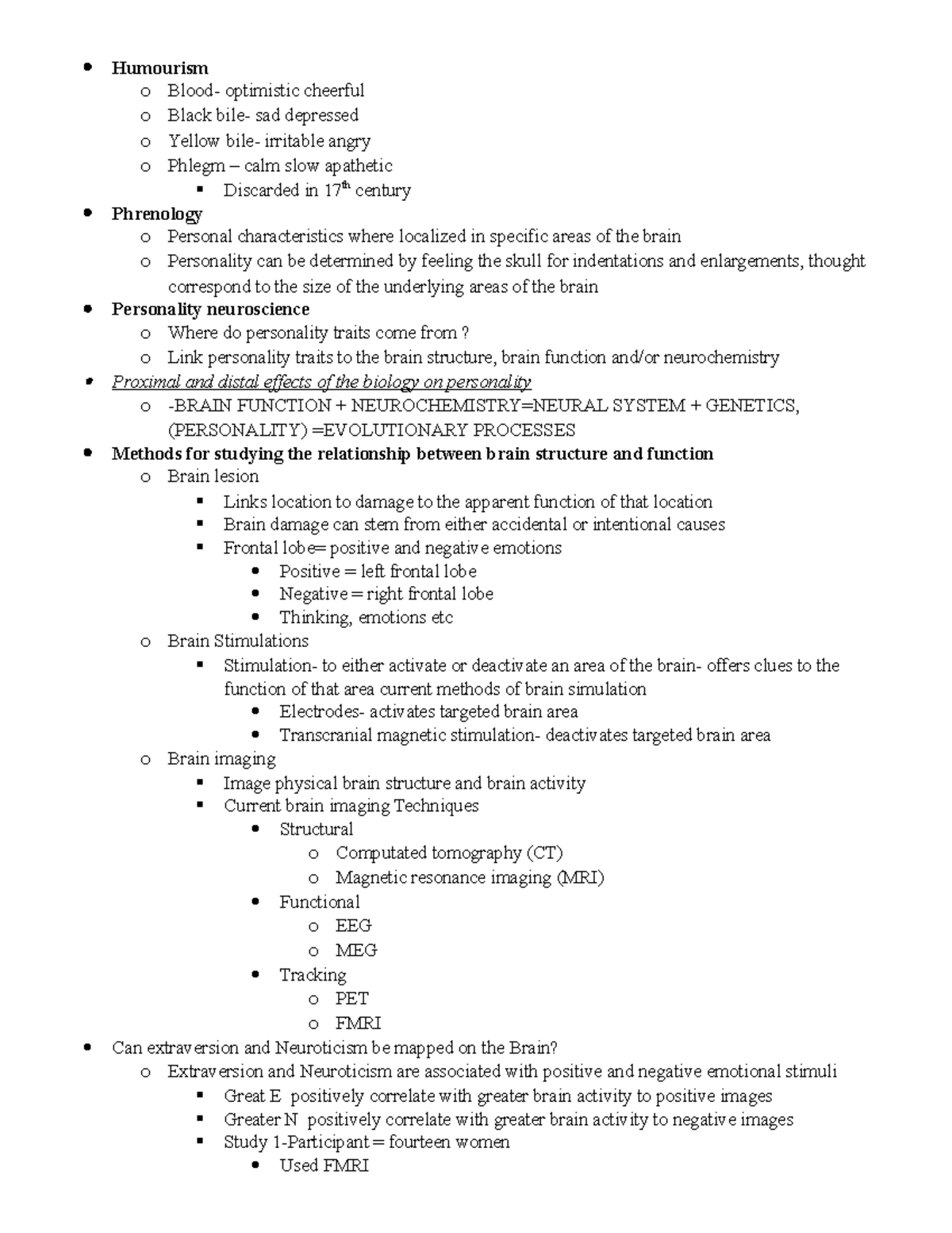 Personality chapter 8 - Lecture notes 8-9 - Humourism o Blood ...