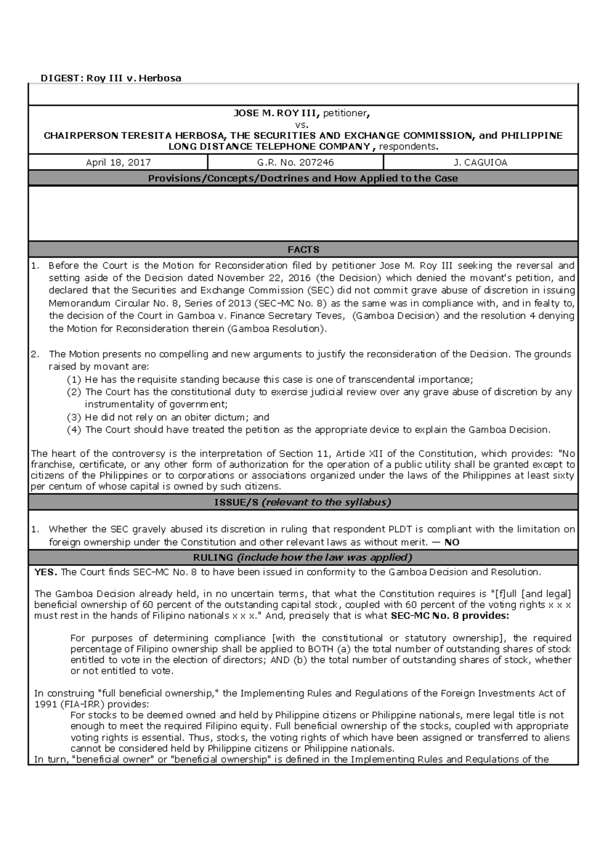 Case 04 - Roy III v. Herbosa - DIGEST: Roy III v. Herbosa JOSE M. ROY ...