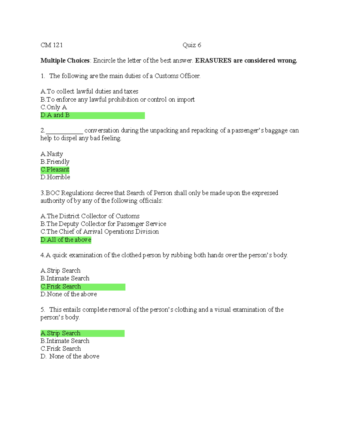 CM 121 Quiz 6 - Customs Operations and Cargo Handling - Multiple ...