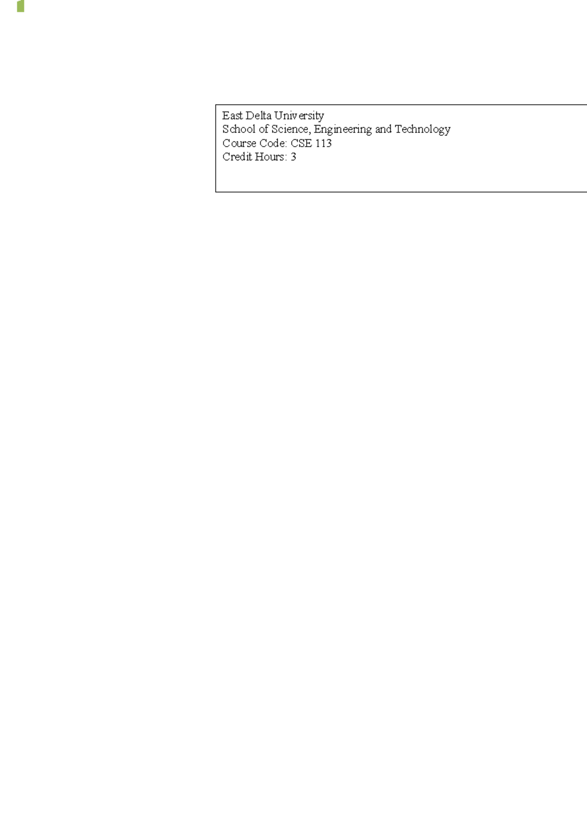 Course Outline Cse113 East Delta University School Of Science Engineering And Technology