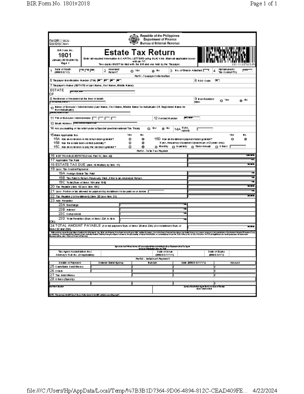 First - IBIR FORM - BIR Form No. 1801 January 2018 (ENCS) Page 1 Estate ...