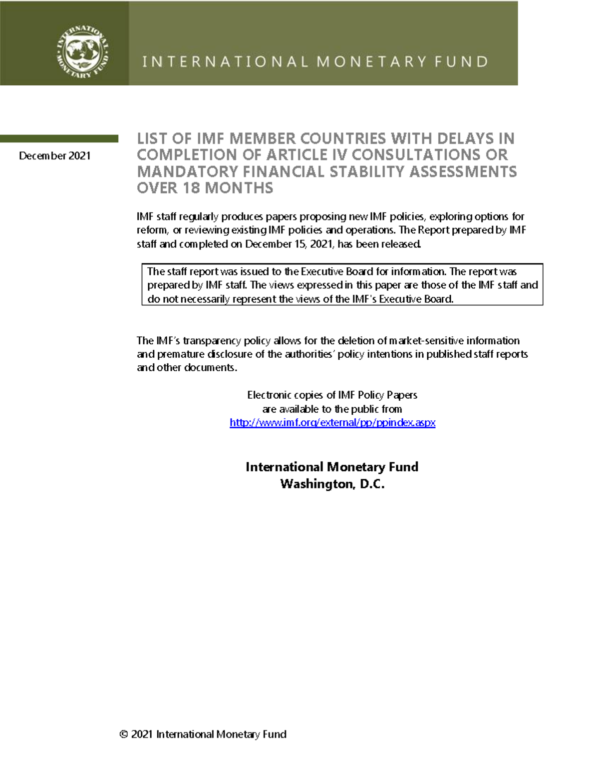 FMI ART IV delays diciembre 2021 - © 20 21 International Monetary Fund ...