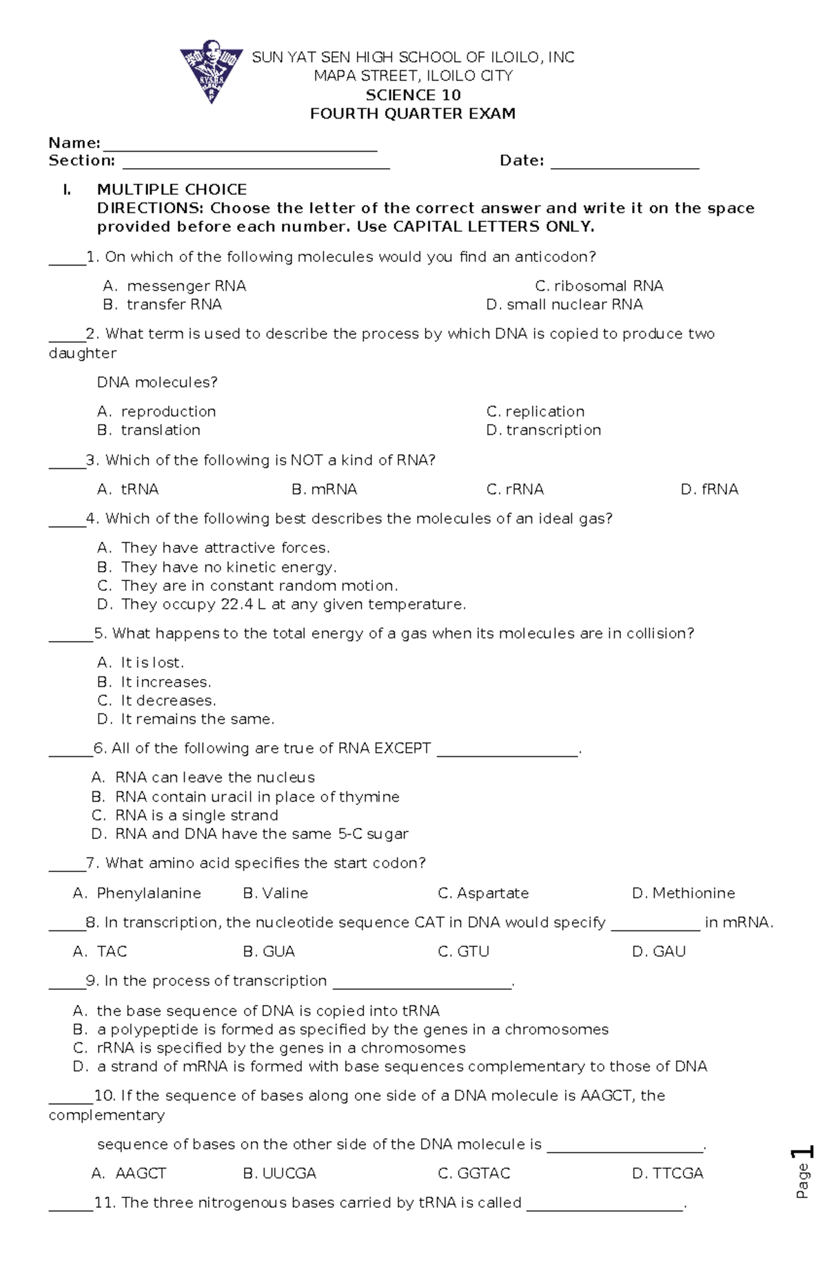 4TH Grading - exam - Page 1 SUN YAT SEN HIGH SCHOOL OF ILOILO, INC MAPA ...