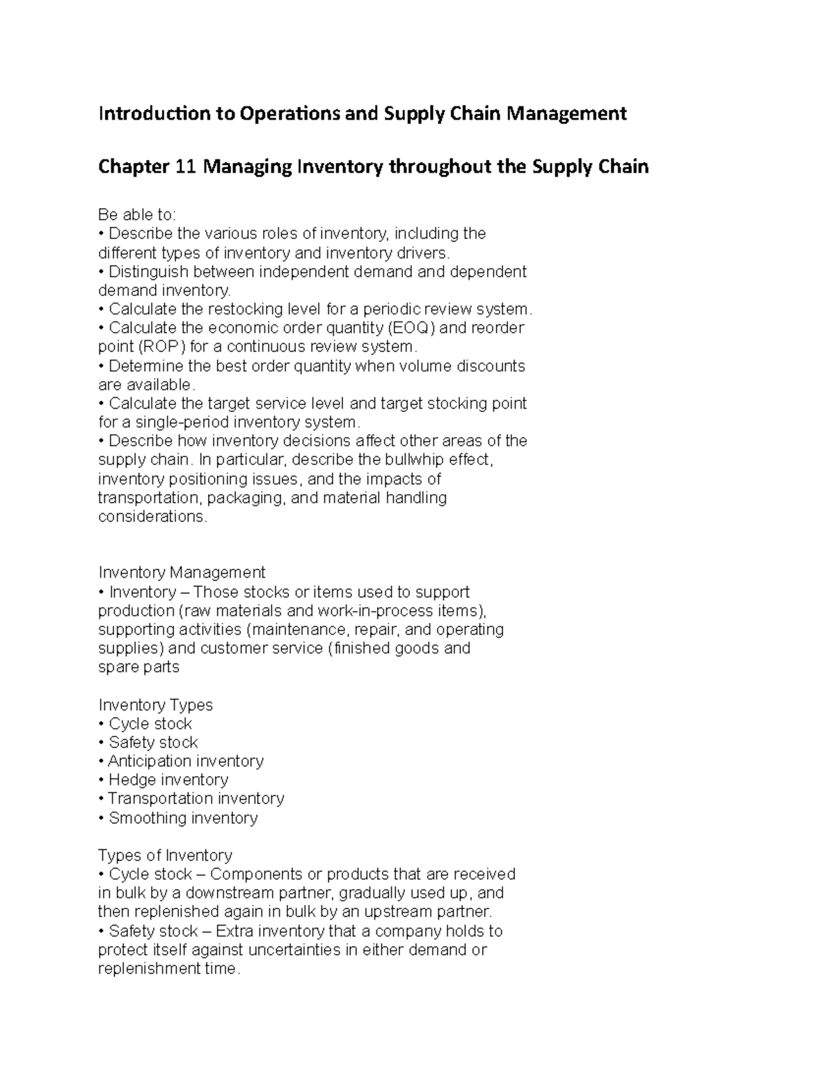 Chapter 11 Managing Inventory throughout the Supply Chain ...