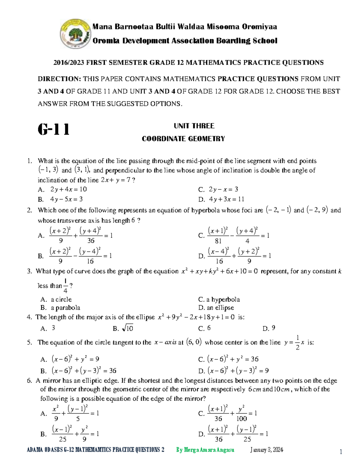 G-12 Practice Questions 2 - 2016/2023 FIRST SEMESTER GRADE 12 ...