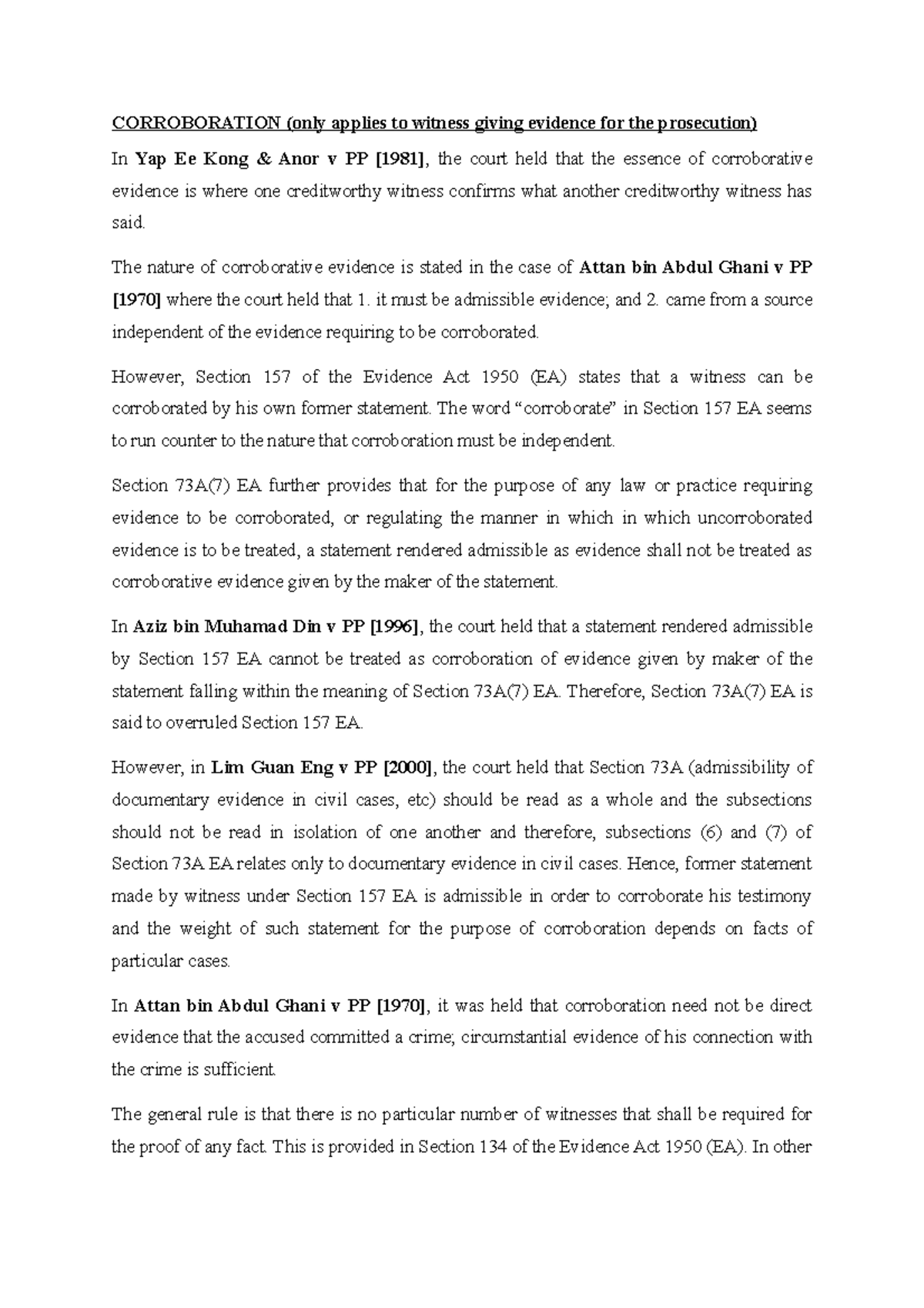 Corroboration - Lecture notes 4 - CORROBORATION (only applies to ...