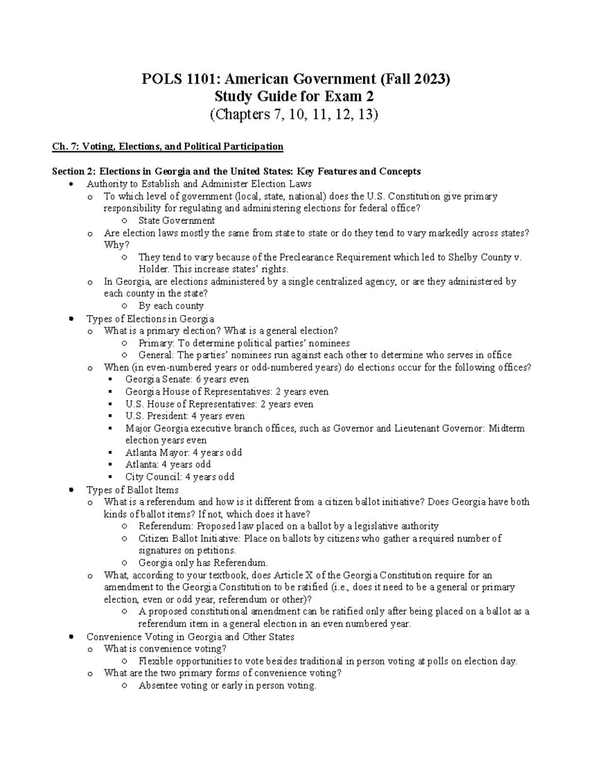 Pols Exam 2 SG - Exam 2 SG - POLS 1101: American Government (Fall 2023 ...