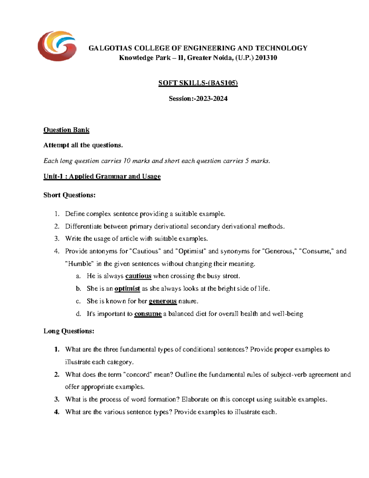 Question Bank BAS105 Soft Skills 2023-24 Unit 4 - GALGOTIAS COLLEGE OF ...