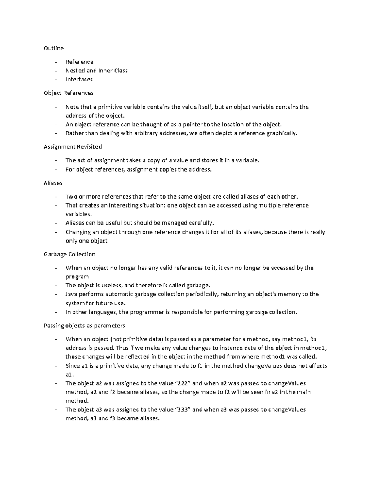 Aliases Lecture Notes Outline Reference Nested And Inner Class Interfaces Object References