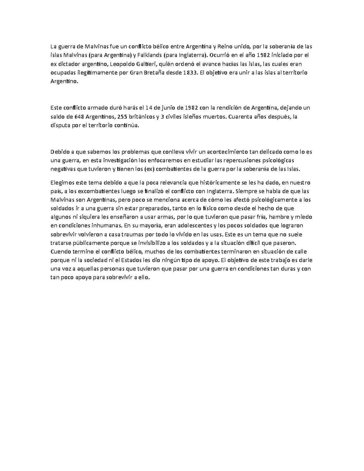 Ante proyecto - Jdkfk - La guerra de Malvinas fue un conflicto bélico ...