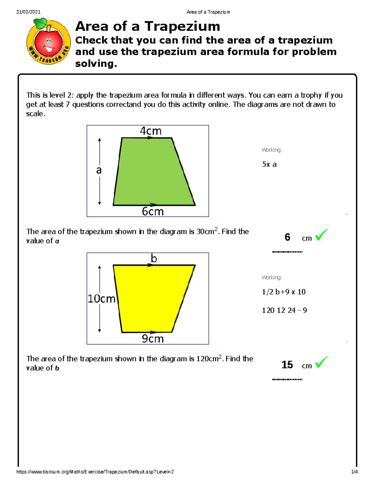 Area of a Trapezium - Class notes - Area of a Trapezium Check that you ...