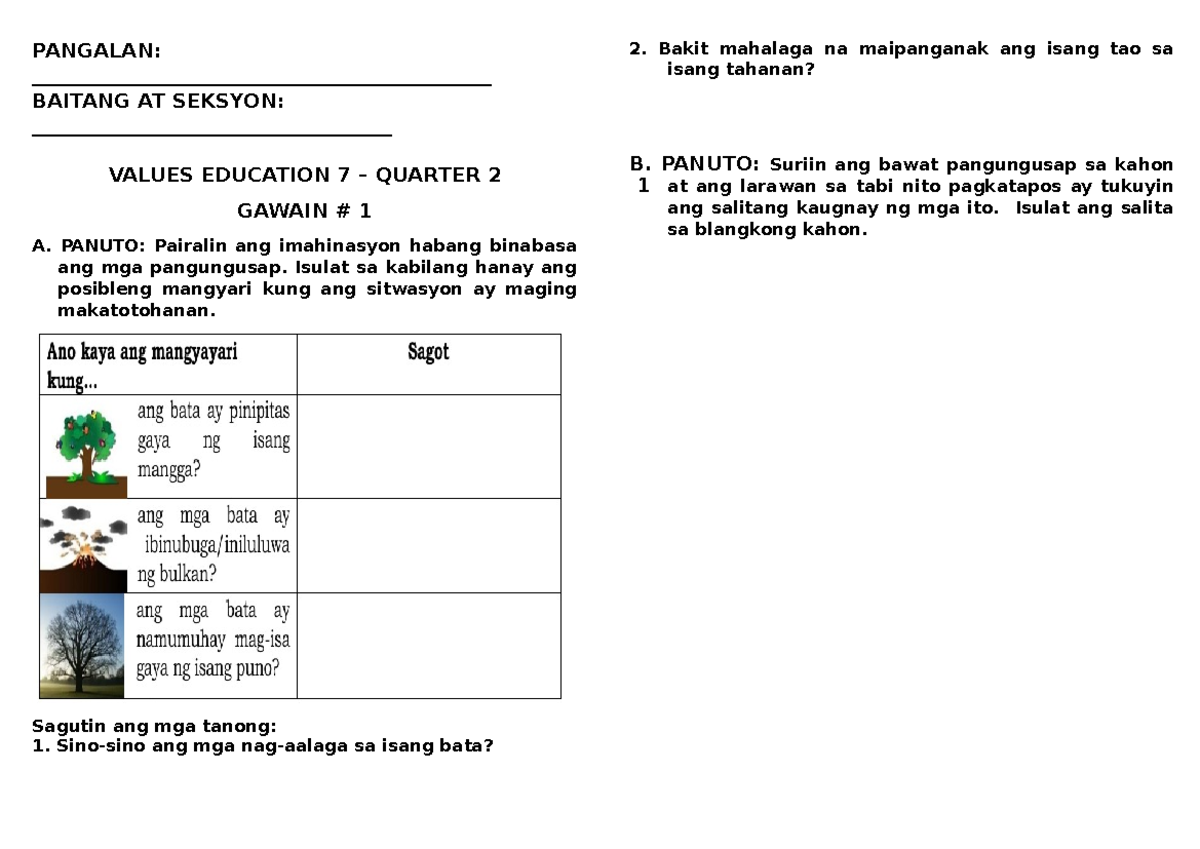 VE 7 Gawain 1 QTR 2 - english - PANGALAN: ______________________________________________ BAITANG ...