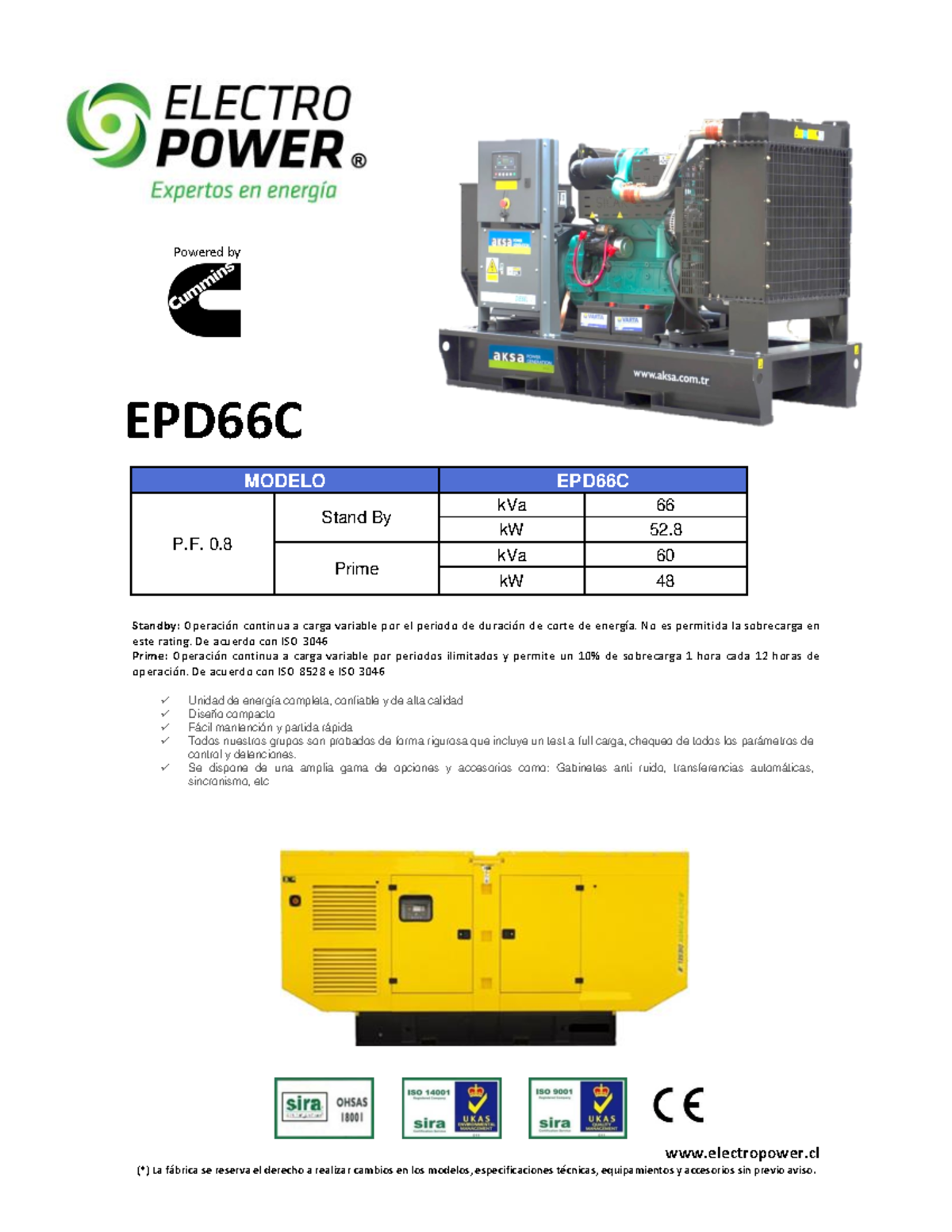 EPD66C - electropower MODELO EPD 66 C P. 0. Stand By kVa 66 kW 52. Prime kVa 60 kW 48 ...