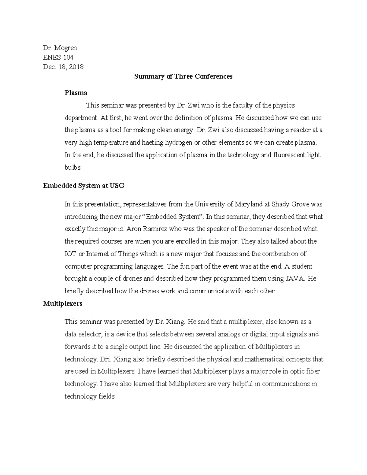 ENES104-Conference Summary - Dr. Mogren ENES 104 Dec. 18, 2018 Summary ...