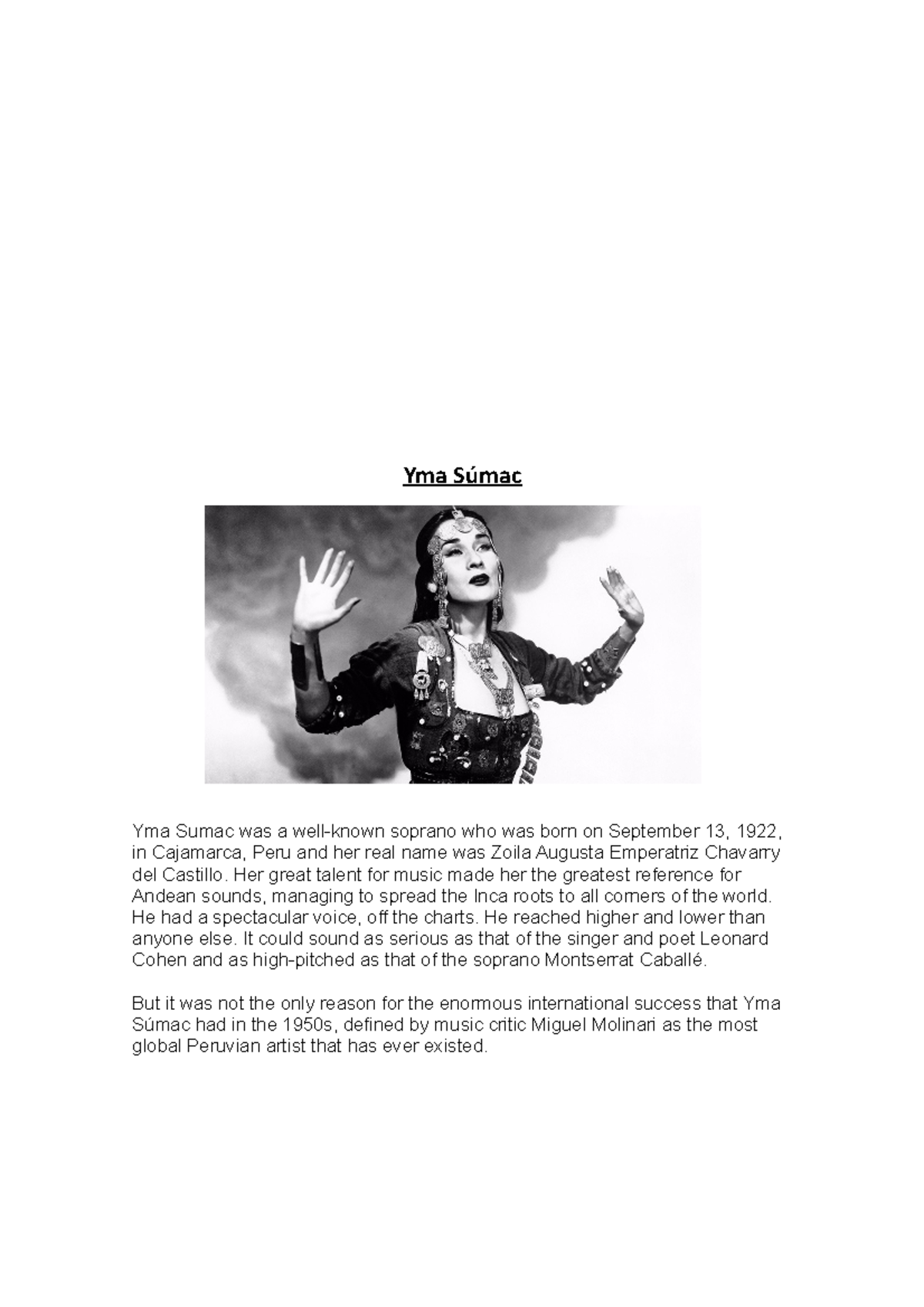 Week 04 - eeeeeeeeeeeeeeeeeeee - Yma Súmac Yma Sumac was a well-known ...