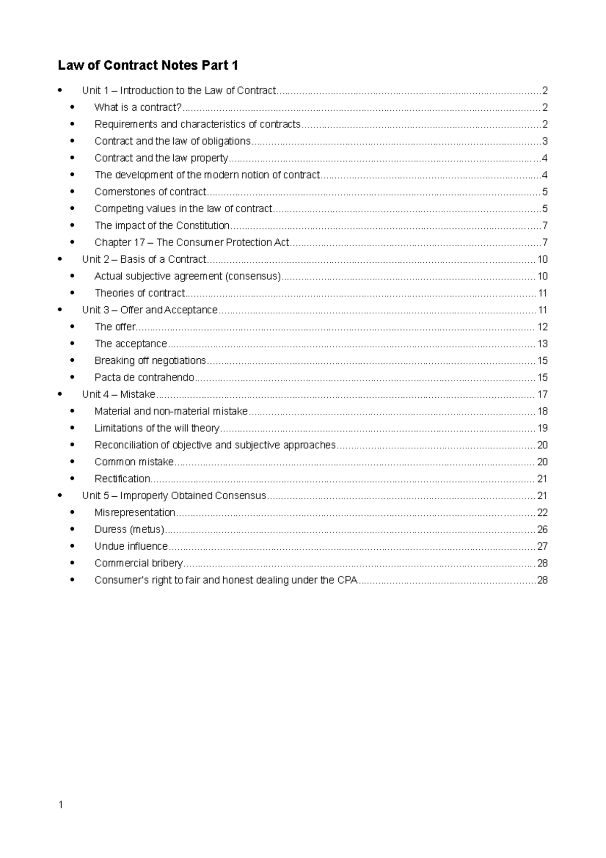 Contract Notes Part 1 - Law of Contract Notes Part Unit 1 ...
