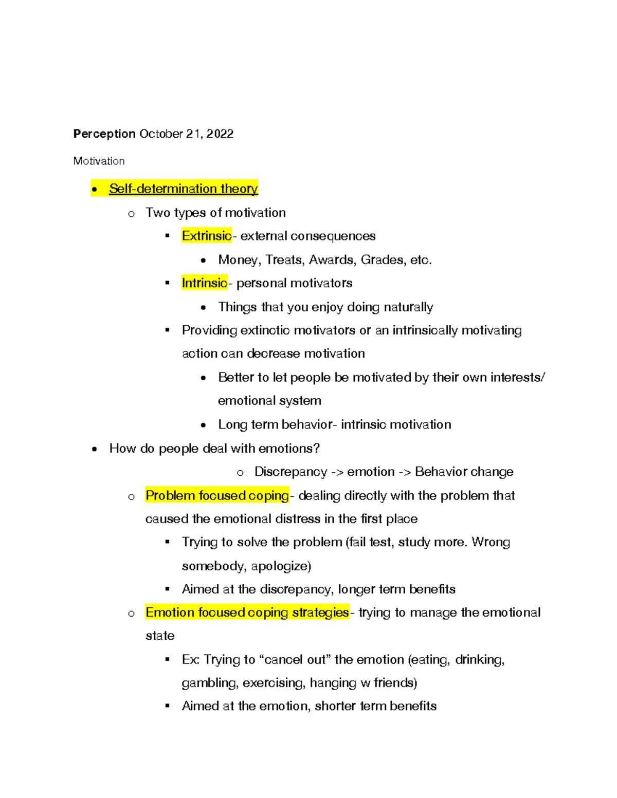 Psychology Notes - Perception October 21, 2022 Motivation Self ...