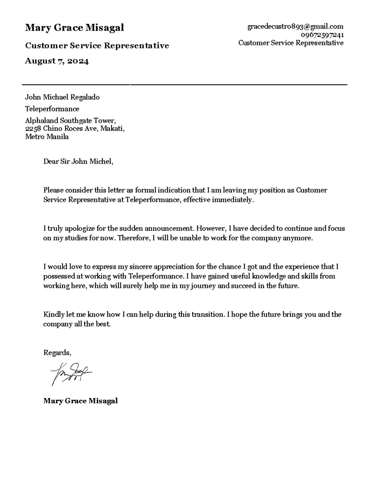 Resignation Letter - Mary Grace Misagal Customer Service Representative ...
