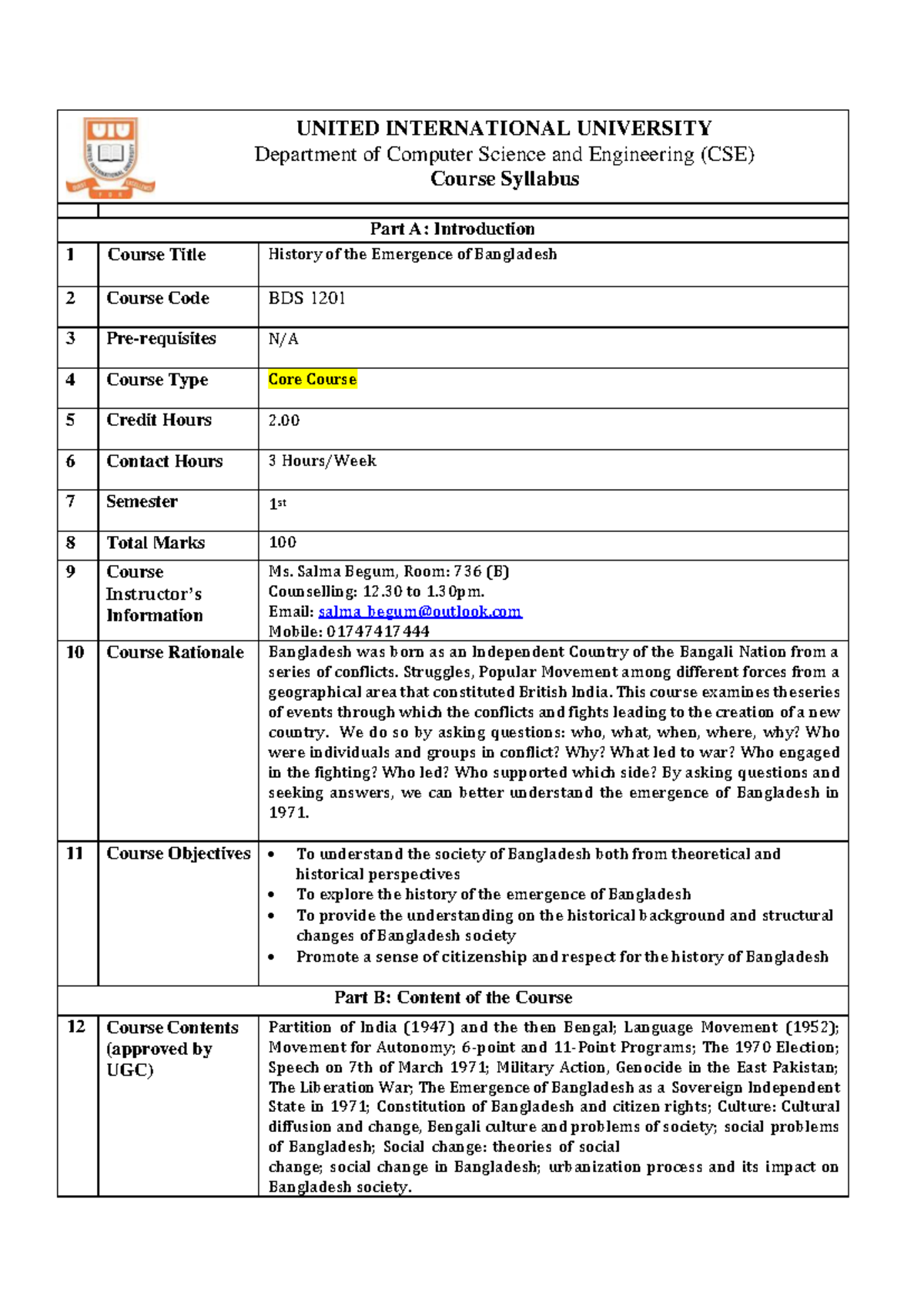 BDS 1201 Course Syllabus CSE - UNITED INTERNATIONAL UNIVERSITY ...
