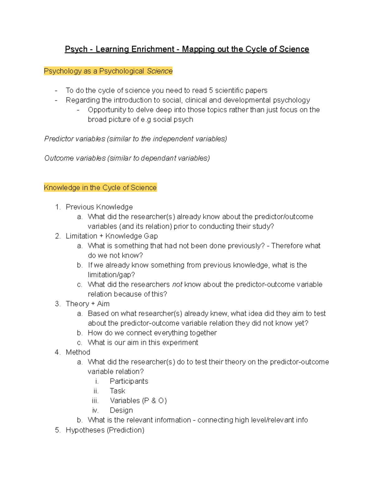 Psych - Cycle of Science intro - Psych - Learning Enrichment - Mapping ...