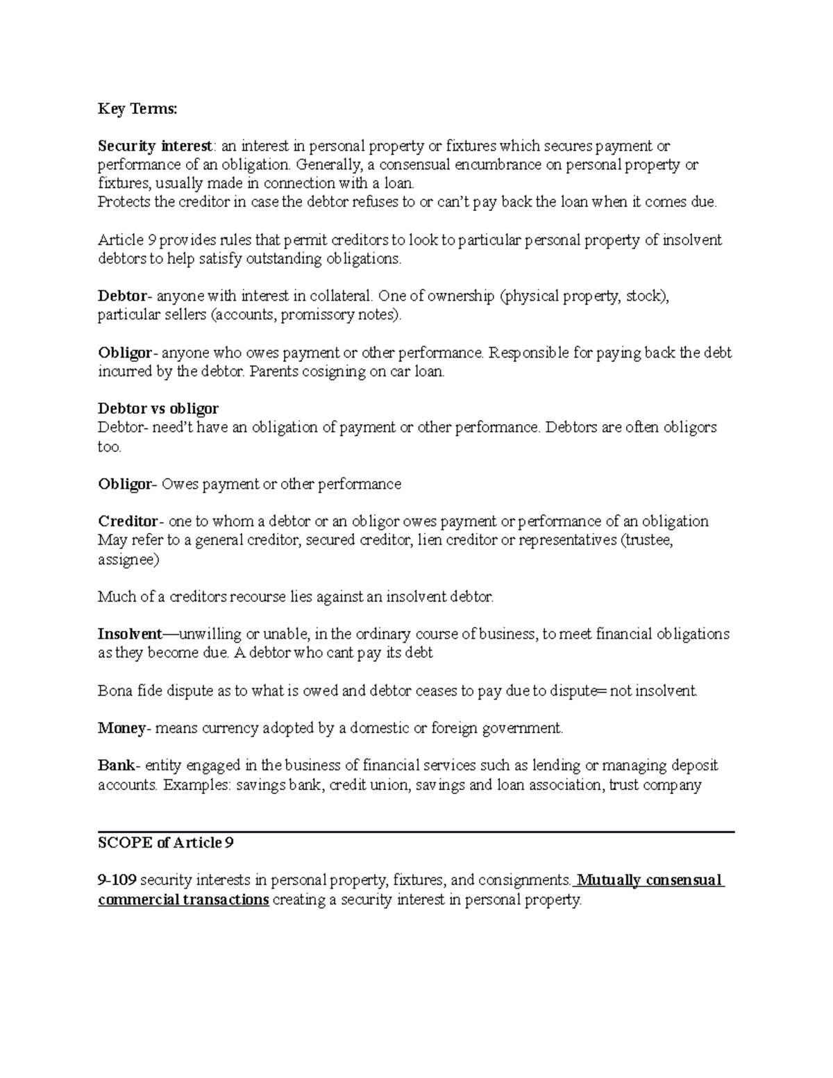 Outline for UCC 9 - Key Terms: Security interest : an interest in ...
