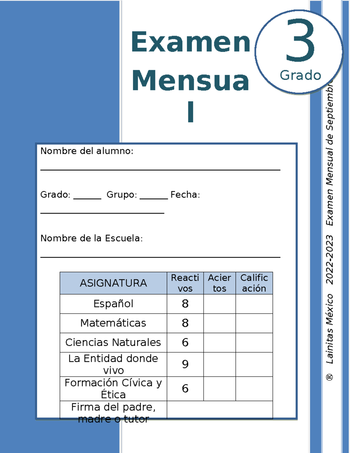 3er Grado - Examen Mensual Septiembre (2022-2023) - ESPAÑOL ® Lainitas ...