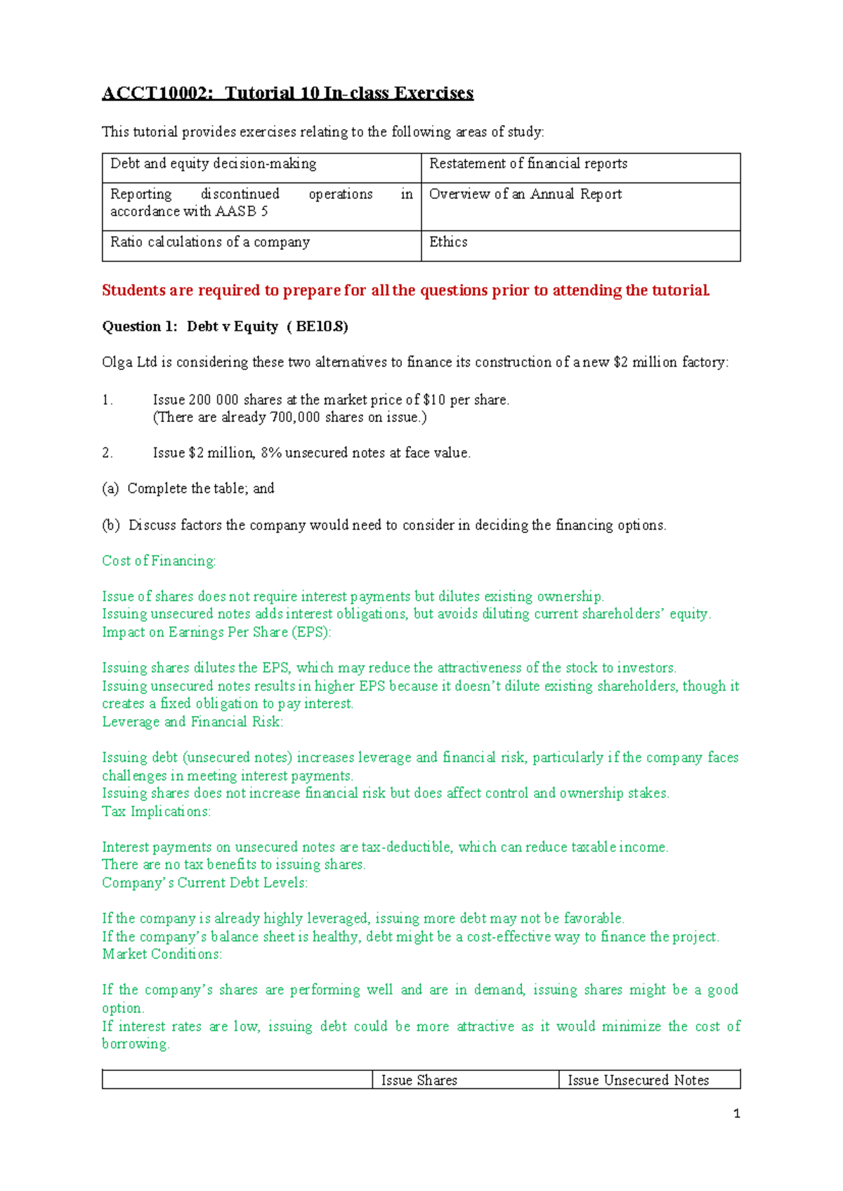 ACCT10002 Tutorial 11 Exercises - ACCT10002: Tutorial 10 In-class Exercises This tutorial ...
