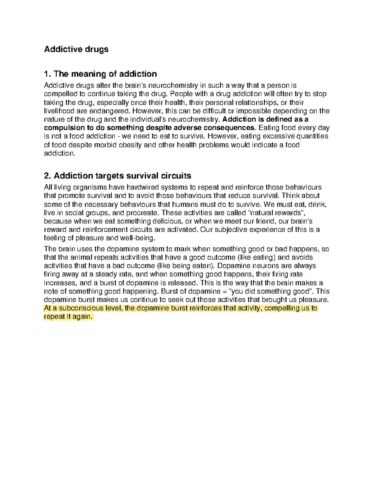 Chapter 2 Addiction - notes for ch9 - Addictive drugs 1. The meaning of ...