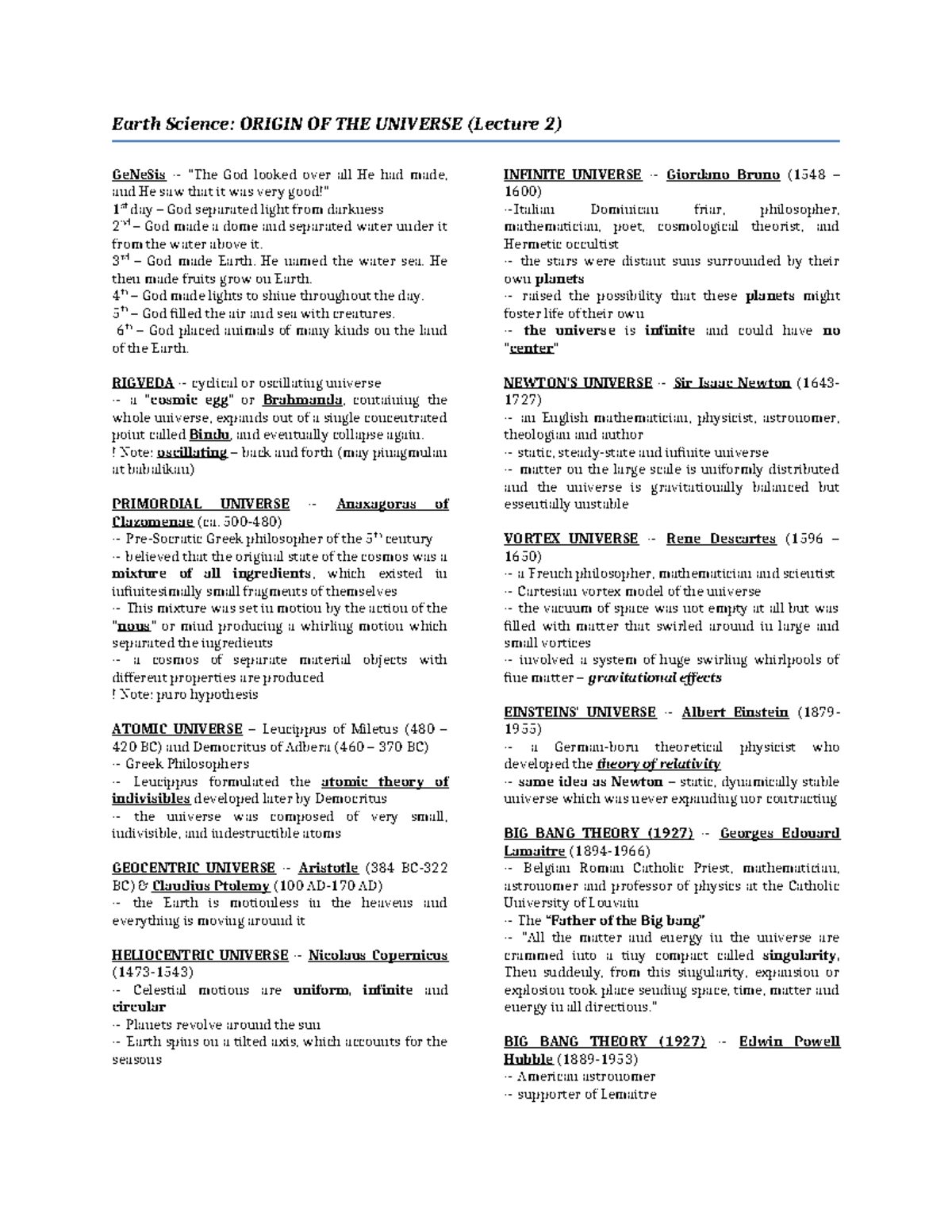 ES Origin of the Universe (Lecture) - Earth Science: ORIGIN OF THE ...