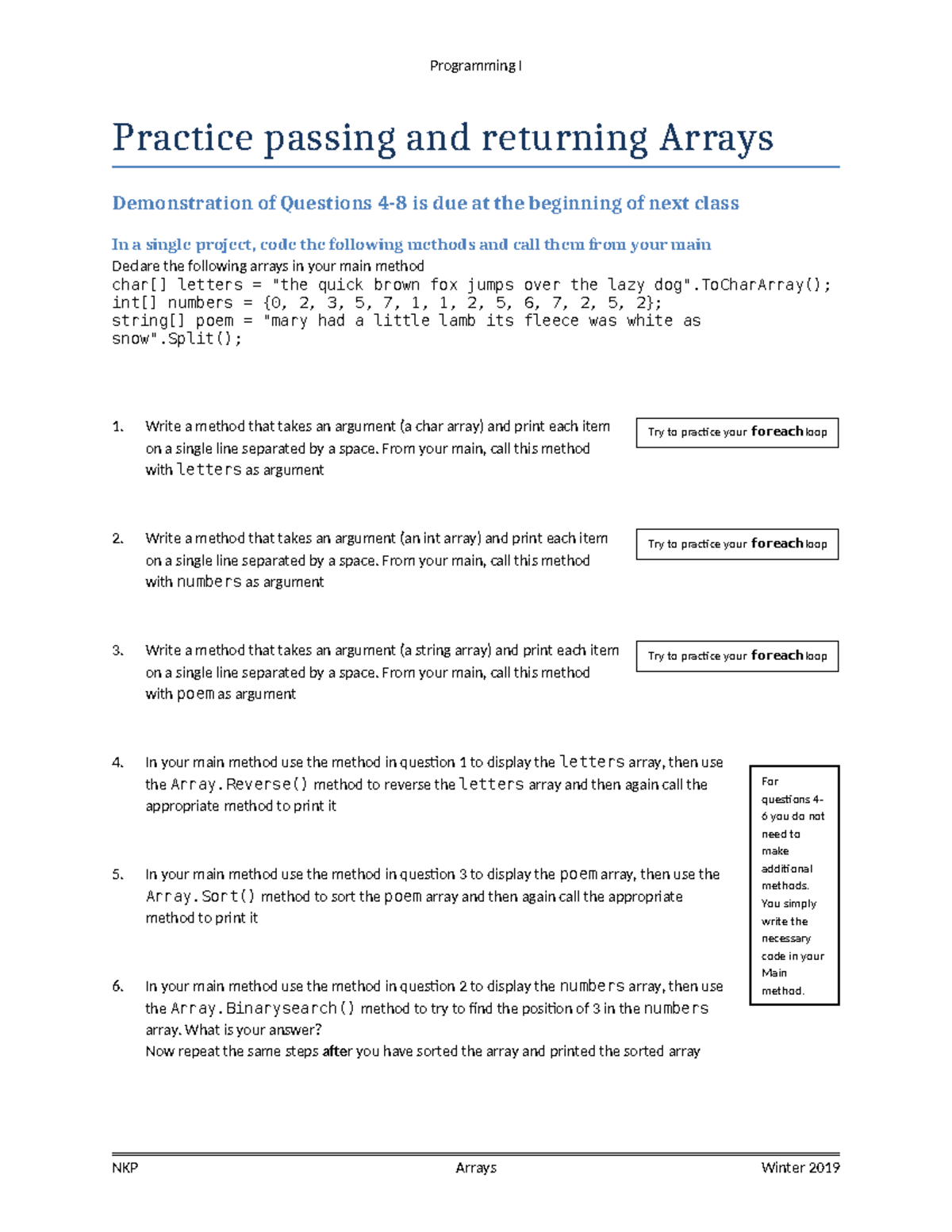 Wk11 Arrays - B Assignment - Programming I Practice passing and returning Arrays Demonstration ...
