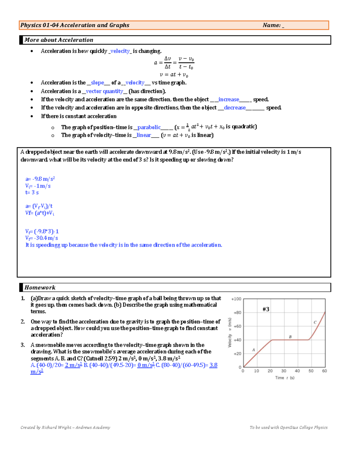 Acceleration and Graphs Review Sheet - Physics 01- 04 Acceleration and ...