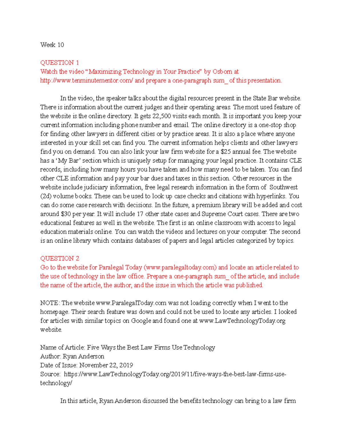 LGLA 2307 - Assignment 10 - Week 10 QUESTION 1 Watch the video “Maximizing Technology in Your ...