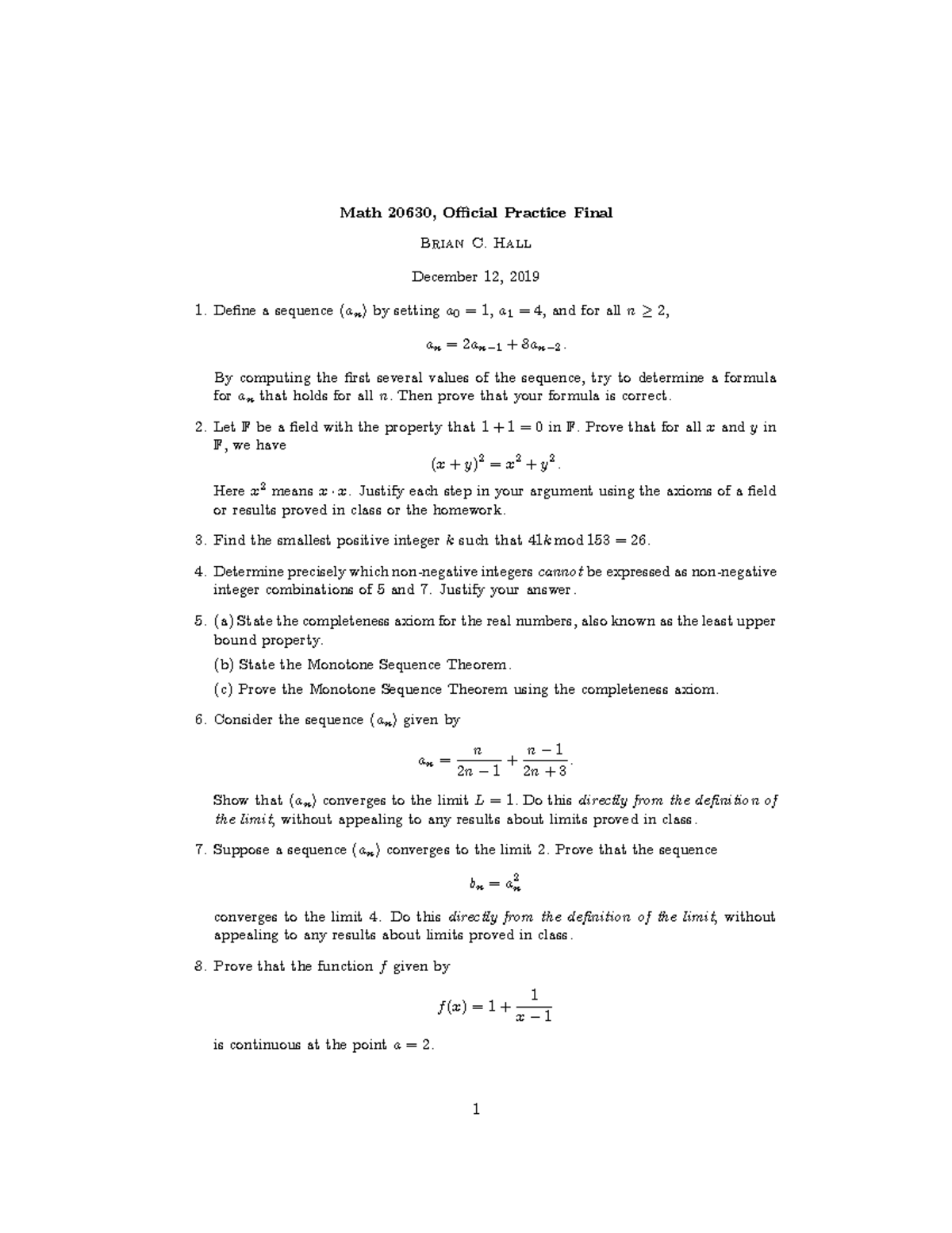 Practice Final - Brian C. Hall - Math 20630, O¢cial Practice Final ...
